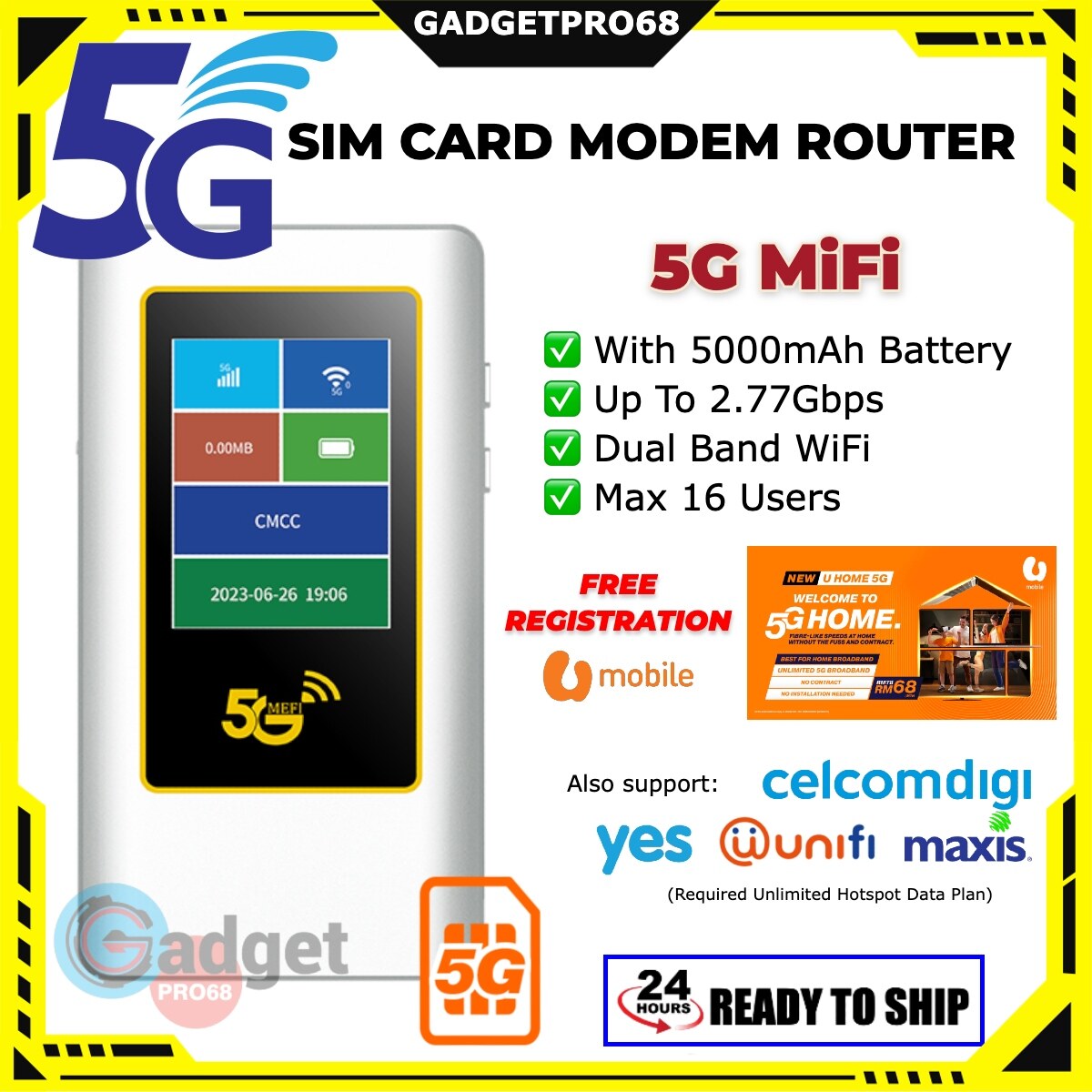 Real 5G MiFi Unlimited Hotspot Broadband 5G Pocket WiFi Portable Modem Router 2.77Gbps WiFi ...