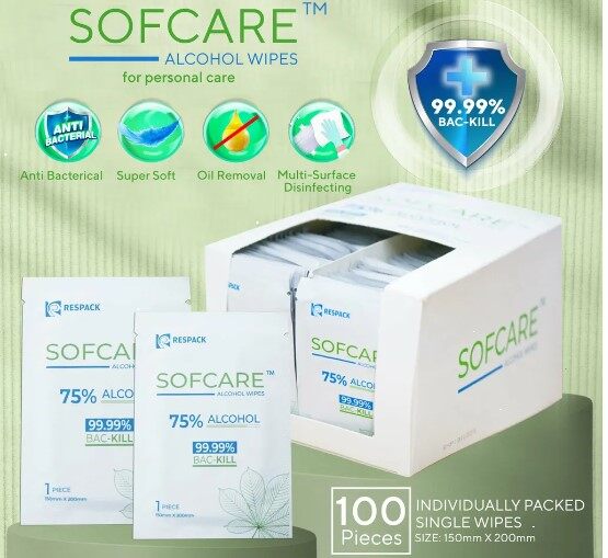 RESPACK SOFCARE 75% Alcohol Wet Wipes 100's/BOX (Individual Packing ...