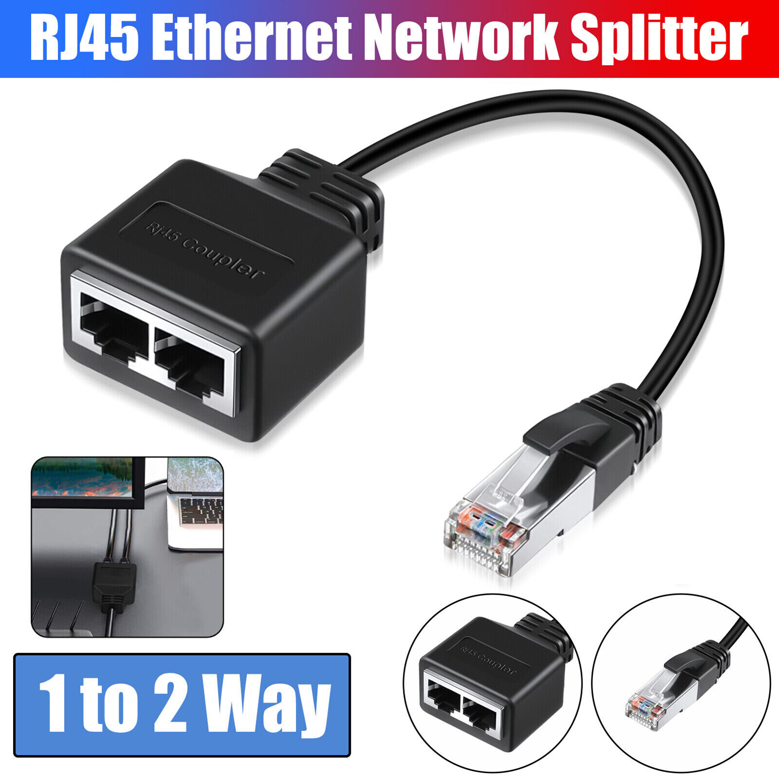 RJ45 Gigabit Network Splitter 1 to 2 Ways 100m Transmission Two Devices ...