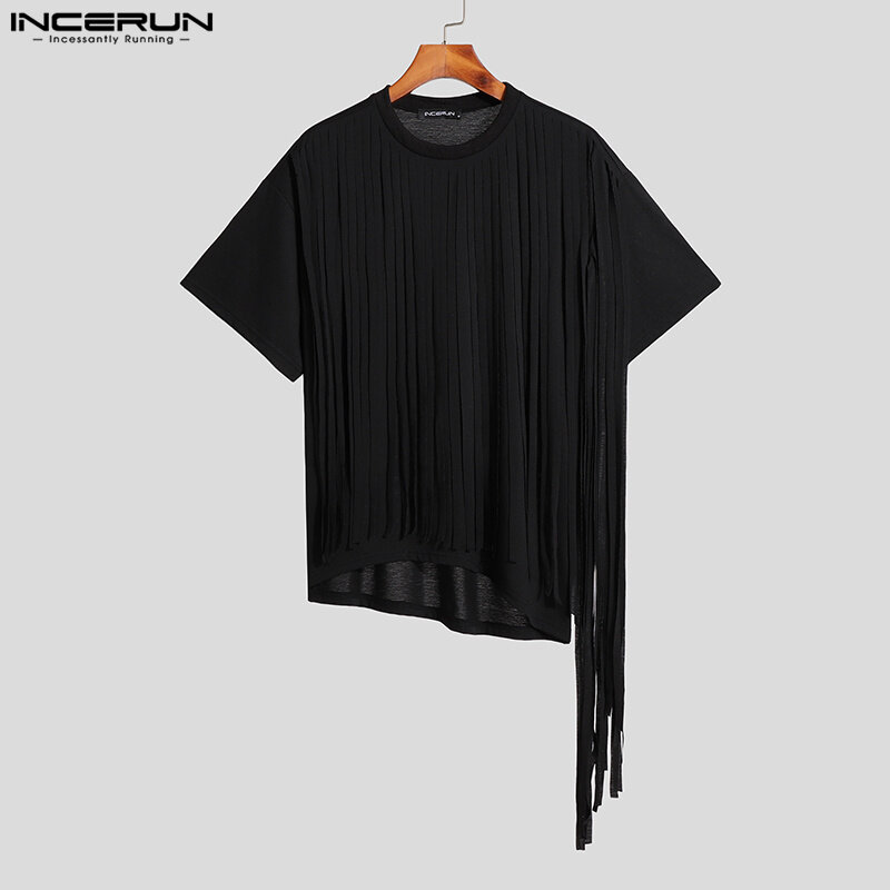 INCERUN เสื้อยืดมีพู่แขนสั้นชายเสื้อไม่สมมาตรเสื้อสวมหัวมีเชือกผูกเสื้อ ...