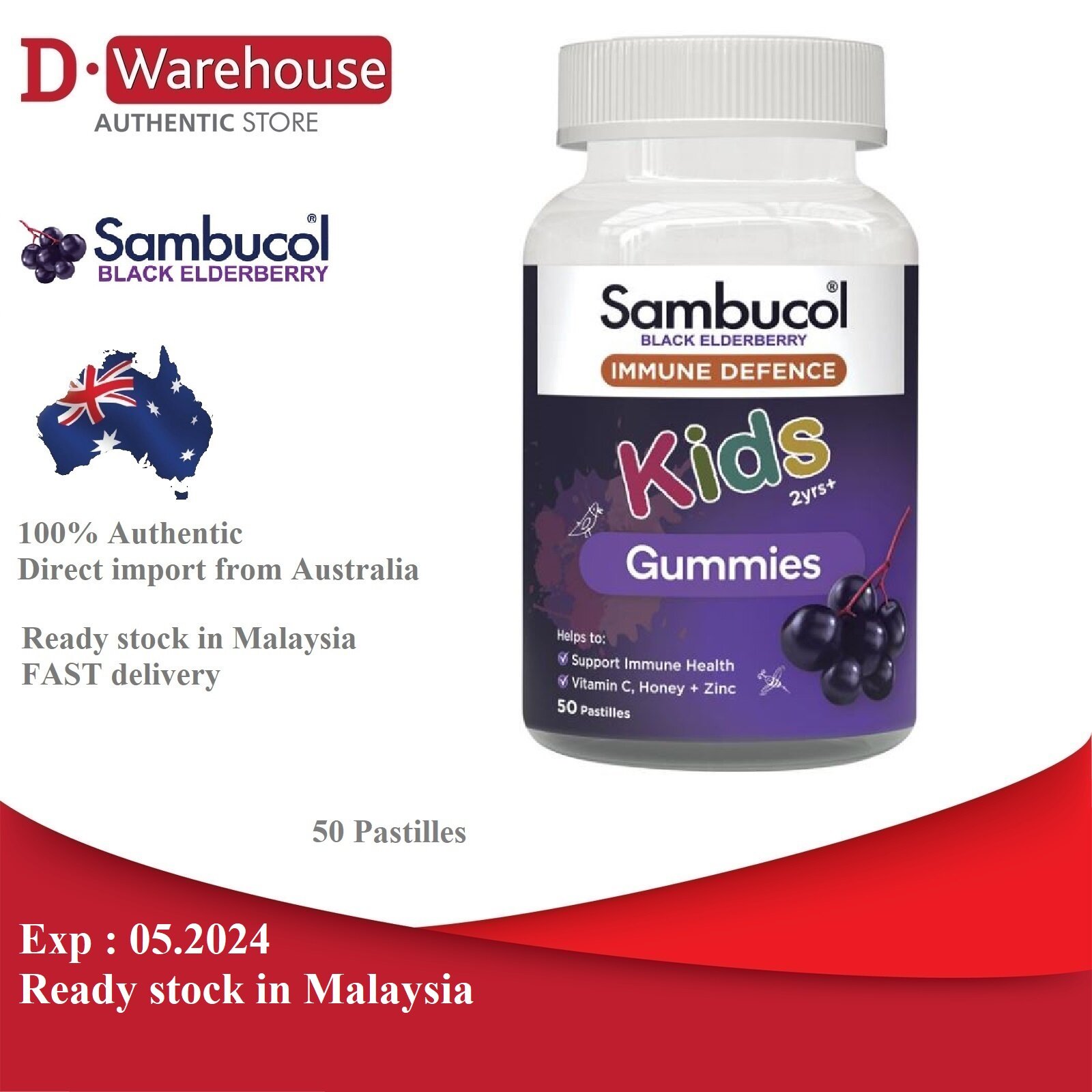 Sambucol Kids Immunity Black Elderberry Immune Defence 50 Gummies ...
