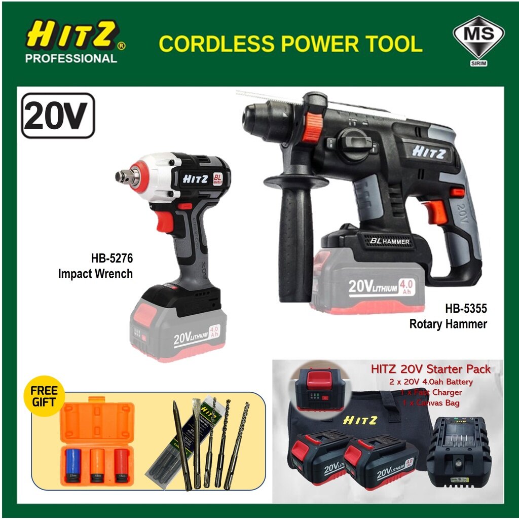 HITZ 20V CORDLESS 2-TOOLS COMBO ROTARYHAMMER, ANGLE GRINDER, IMPACT ...