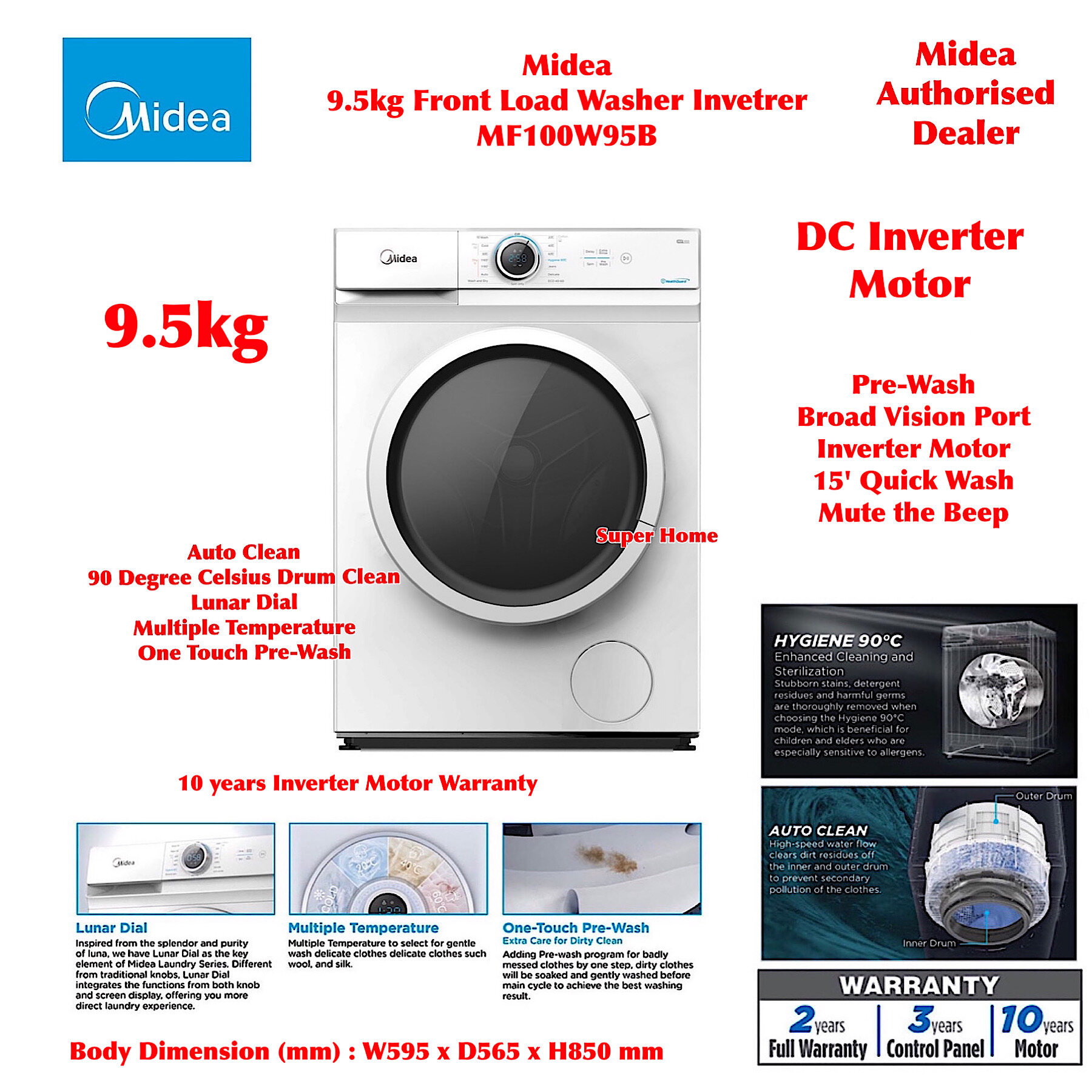 Midea 9.5kg Front Load Washer Machine MF100W95B ((Inverter Motor)) | Lazada