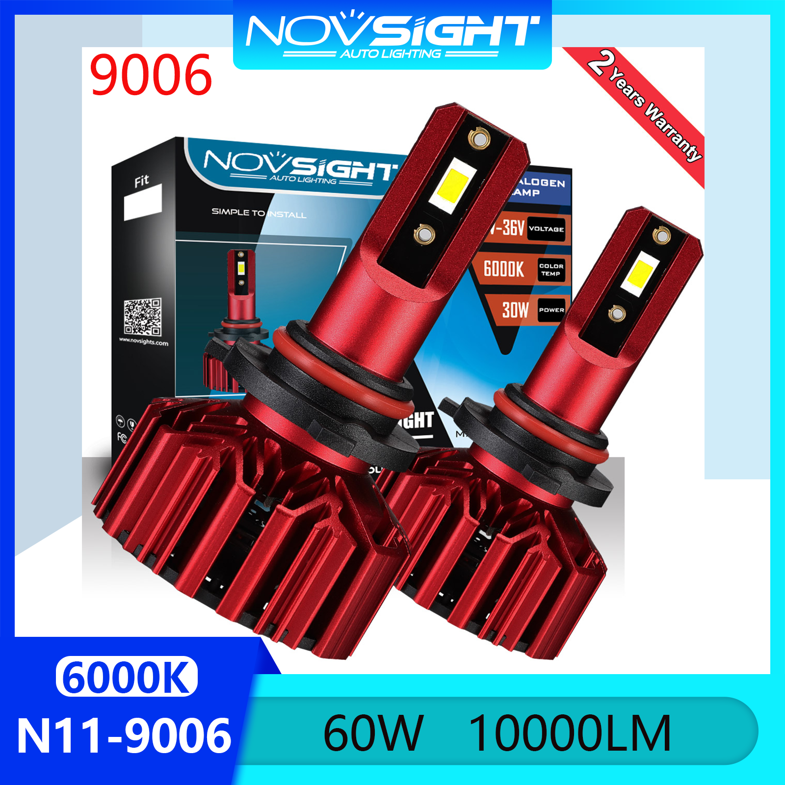 Novsight N11 9006 HB4 LED Headlight Bulb 60W 10000LM 6000K White Super ...