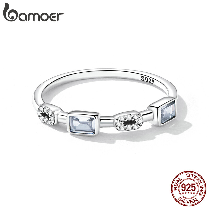 BAMOER 925 Sterling Silver Square Cubic Zirconia Ring for Womwen Fine Jewelry Fashion Geometric ...