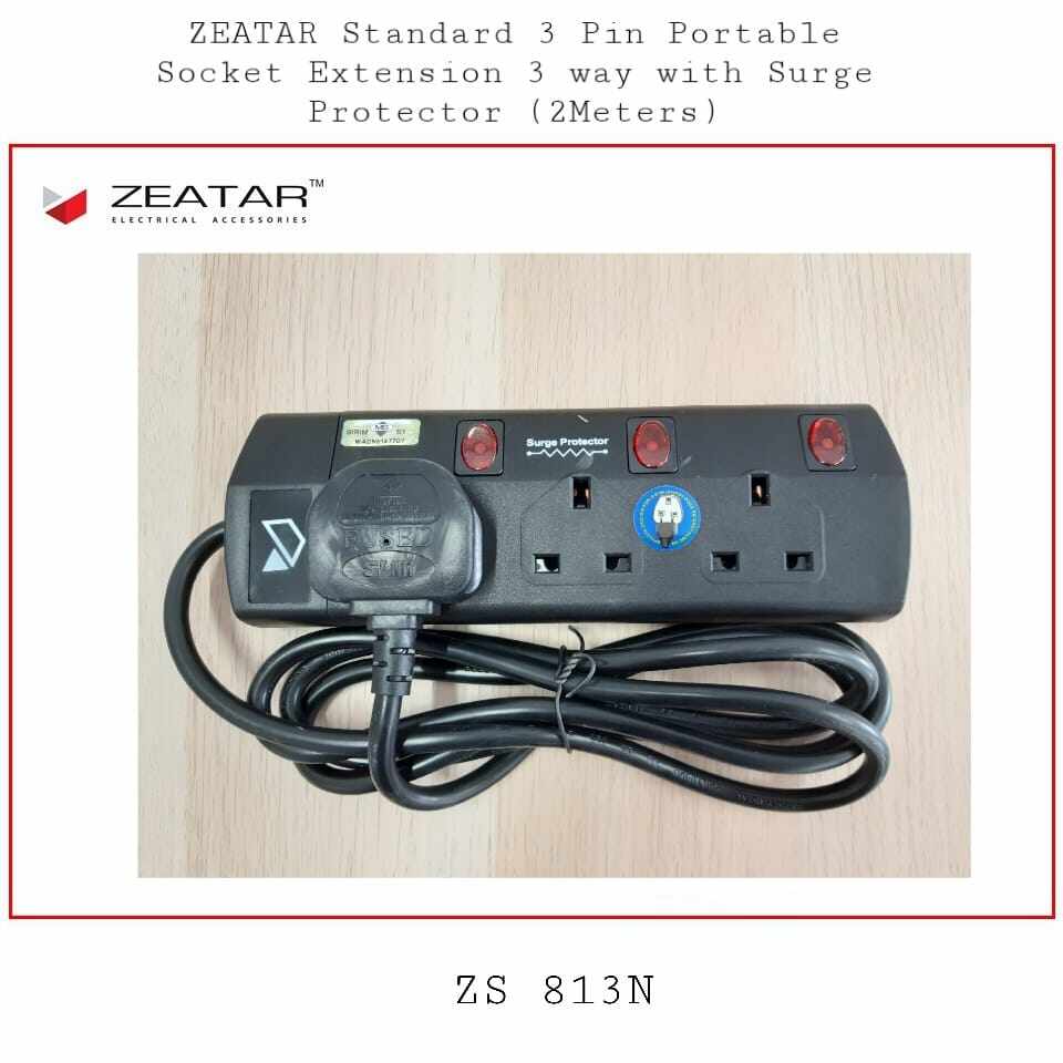 Zeatar Standard 3 Pin Portable Extension Trailing Socket Surge Protector 3 4 5 Way 2 Meters