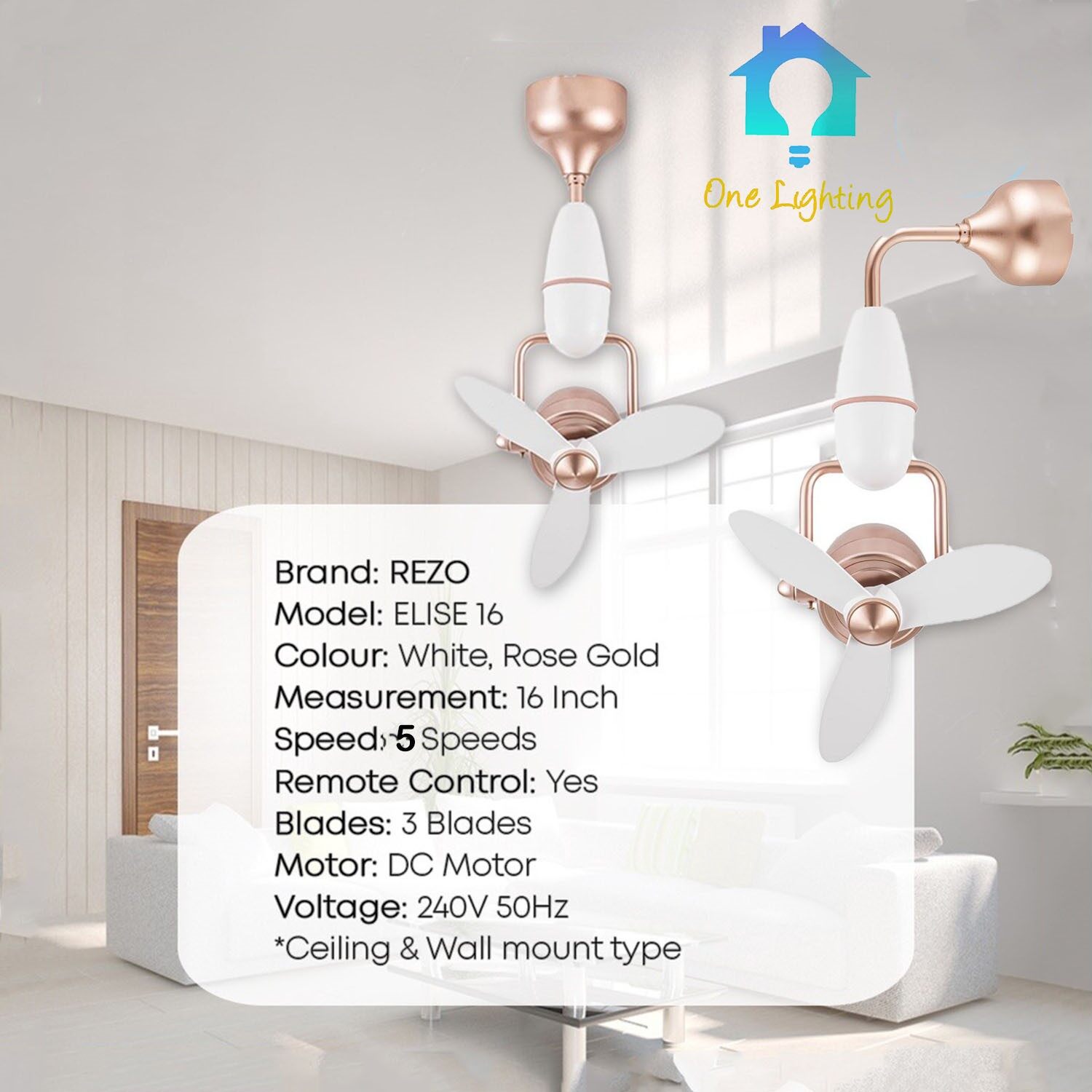 REZO ELISE 16 Decorative Ceiling & Wall Fan 16" DC Motor 120 ...