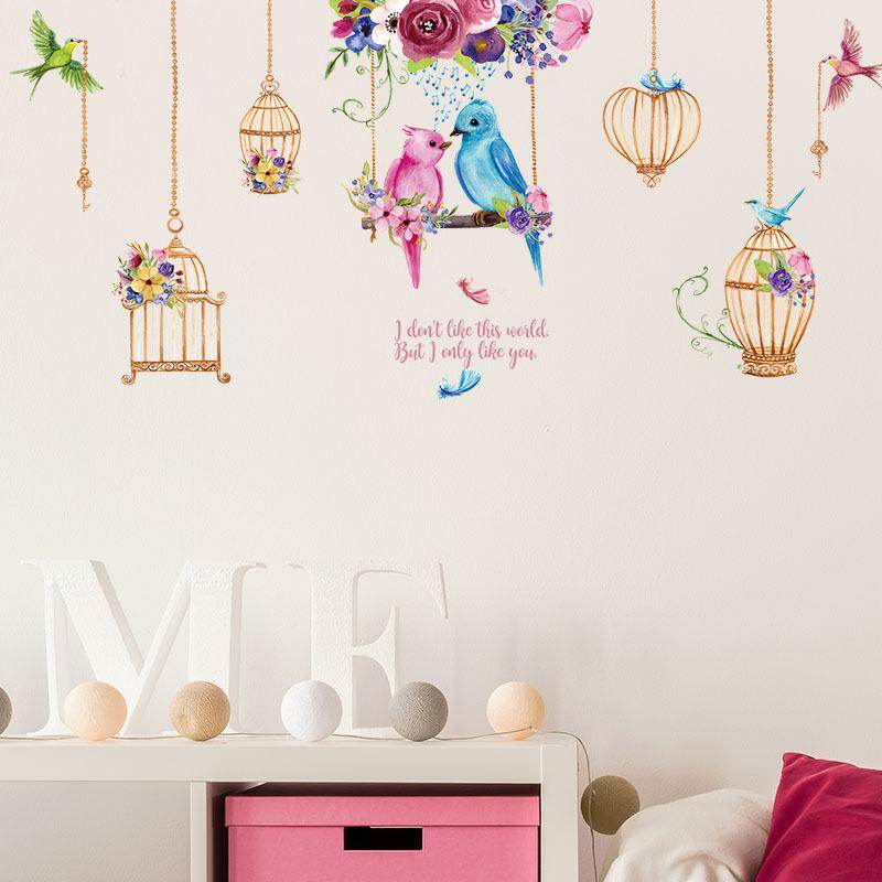 Cartoon Parrot Birdcage Wall Stickers for Living room Bedroom Kids room ...