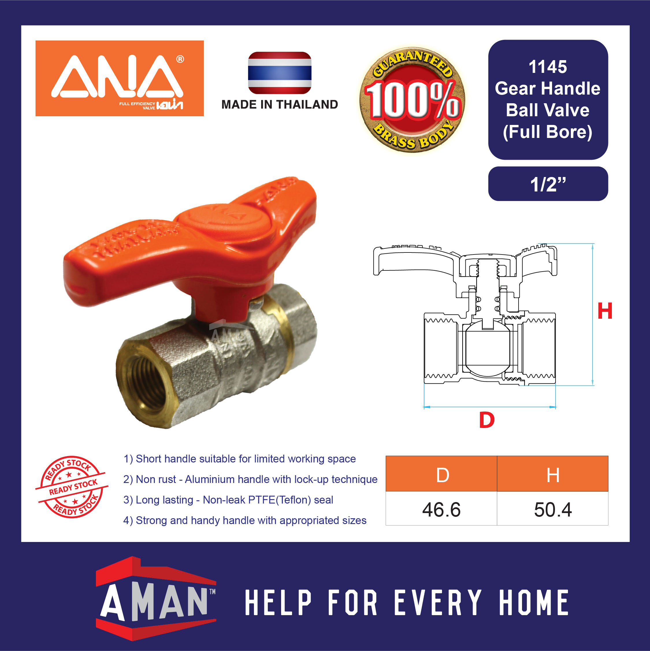 ANA Full Bore Valve Gear Handle Brass Ball Valve Water Pipe Fitting ...