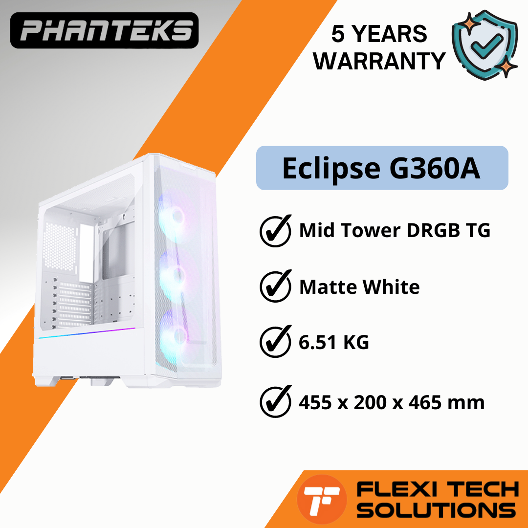Flexi Tech PHANTEKS Eclipse G360A Mid Tower DRGB TG PC Desktop Casing Satin Black / Matte White ...