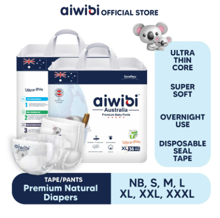 Aiwibi Premium Natural Diapers Tape and Pants - S/M/L/XL/XXL/XXXL (1's ...
