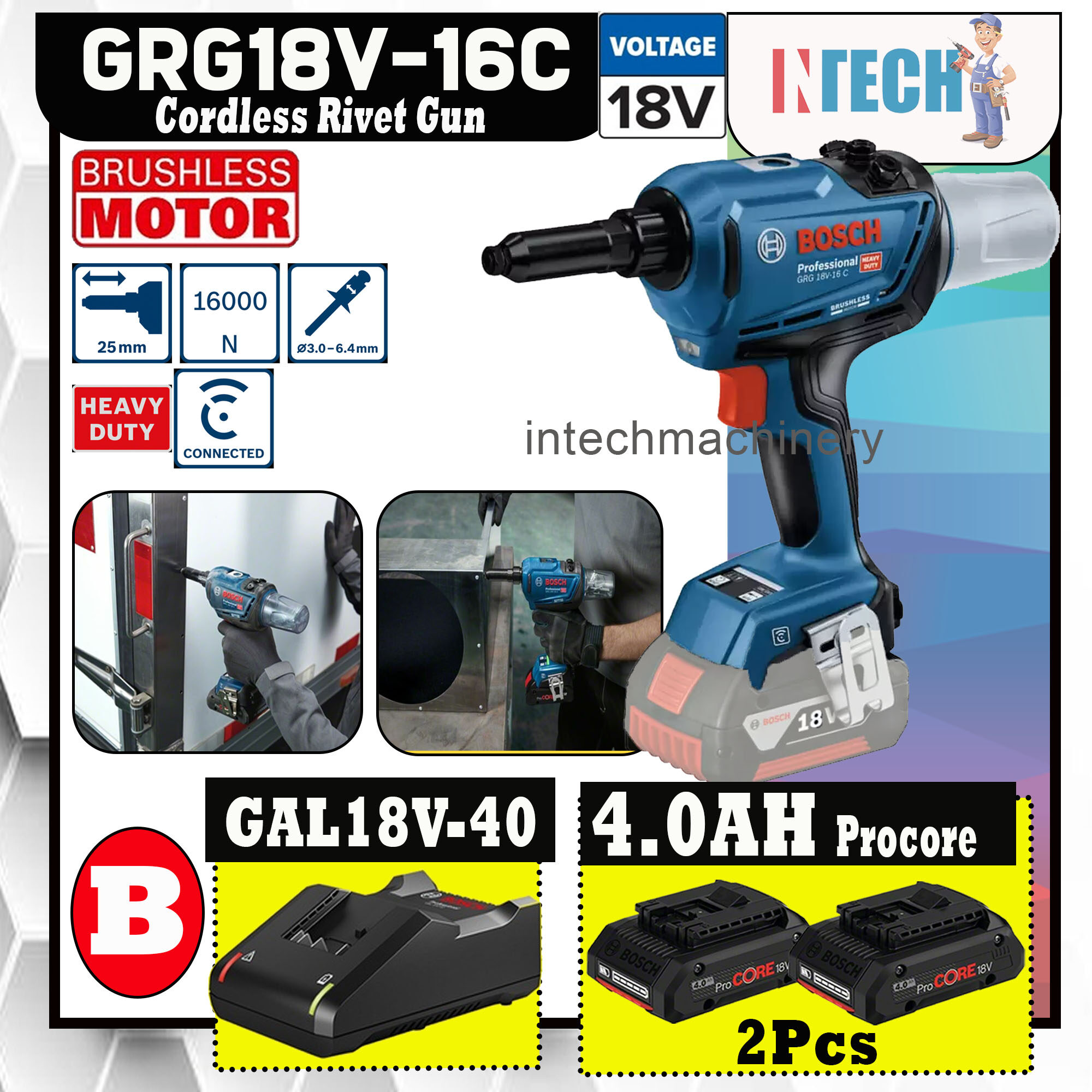 BOSCH GRG18V-16C / GRG18V16C BRUSHLESS MOTOR CORDLESS RIVET GUN 18V C/W ...