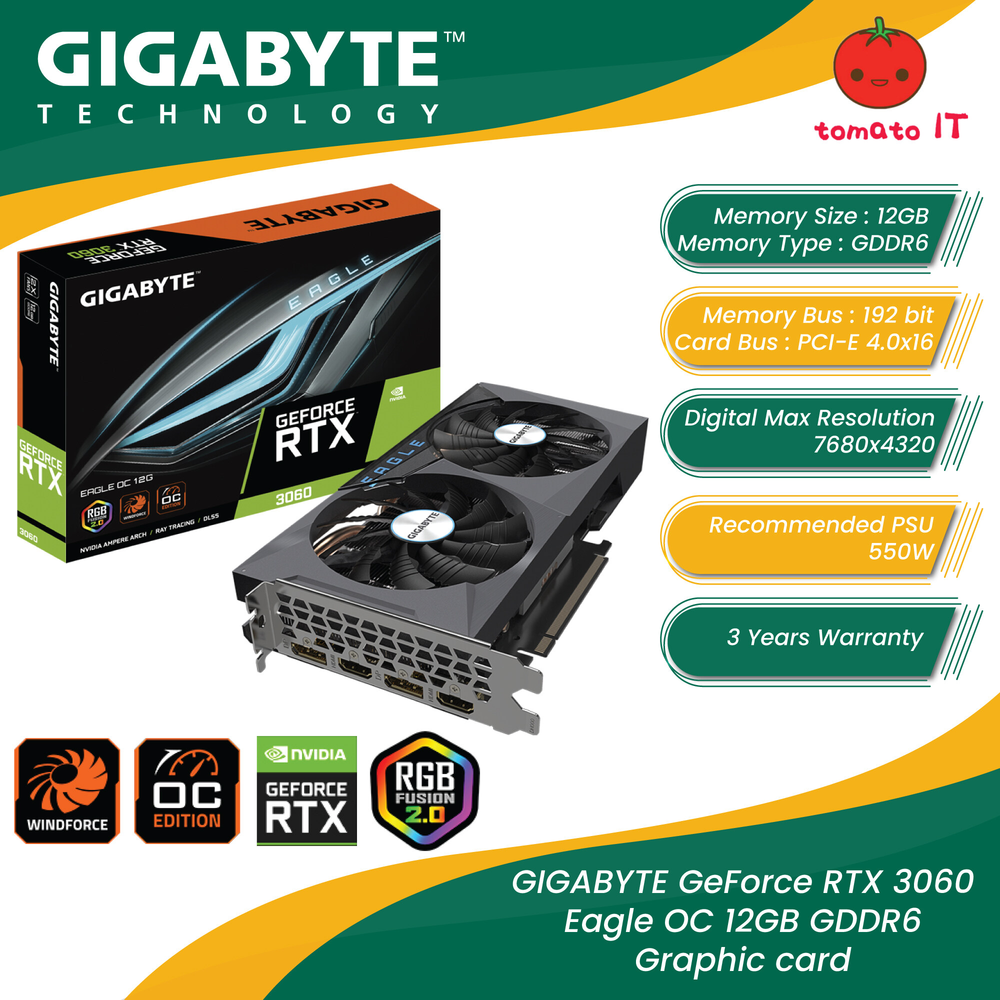 GIGABYTE GeForce RTX 3060 Eagle OC 12GB GDDR6 Graphic card - GV ...