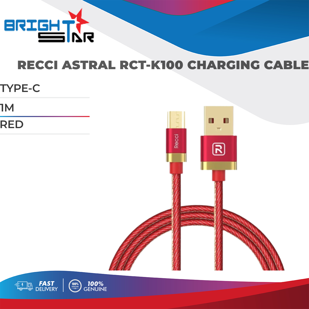 RECCI ASTRAL RCT-K100 CHARGING CABLE / TYPE-C / 1M / RED / 6 MONTHS ...