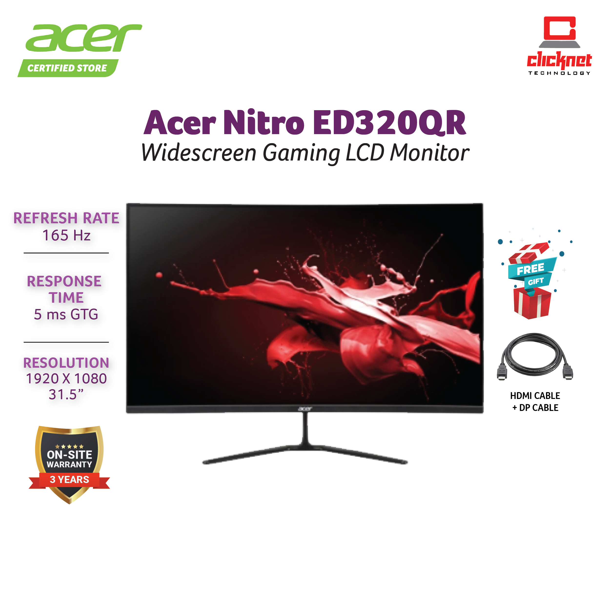 Acer ED320QR FHD 165HZ AMD RADEON SYNC LED Curve Monitor (31.5") | Lazada