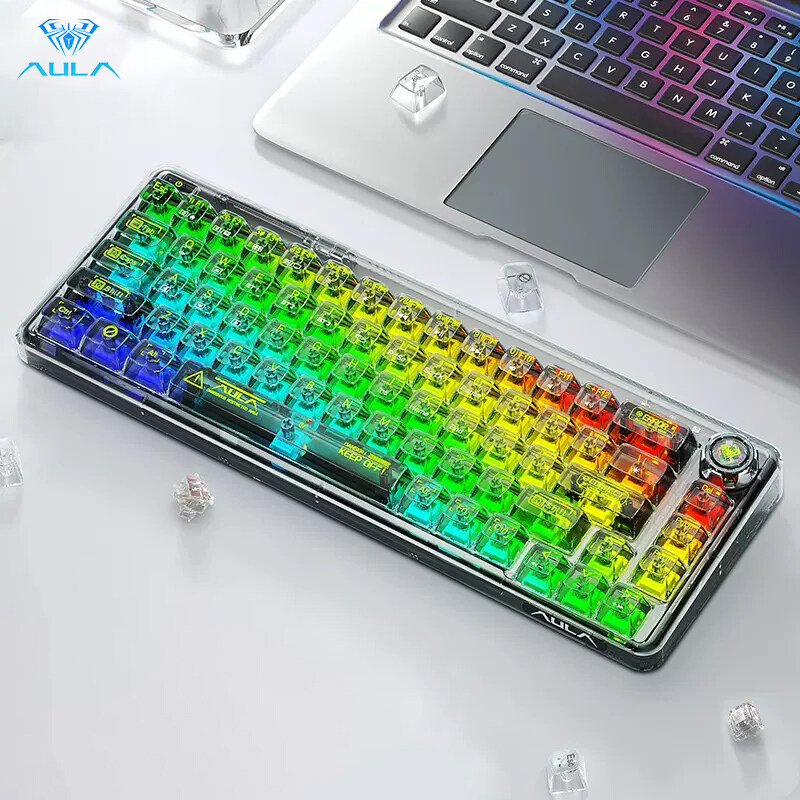 AULA F68บลูทูธไร้สาย3โหมดคีย์บอร์ดแบบกลไก Hotswap RGB 68 Keycap ปรับแต่งโครงสร้างปะเก็นแบบชาร์จ ...