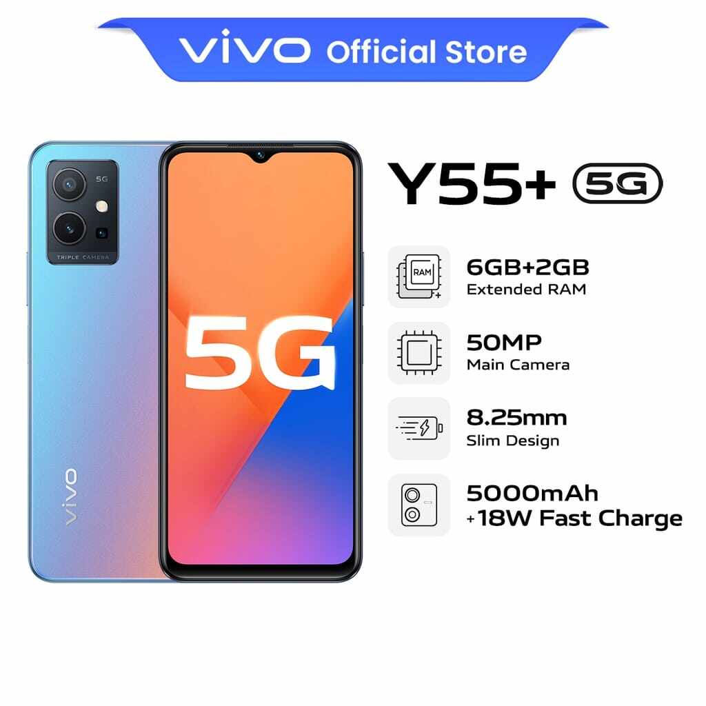 Vivo Y55+ 5G Smartphone 6GB + 2GB Extended RAM/ 128GB ROM/ 5000mAh Battery/50MP Main Camera/8 ...