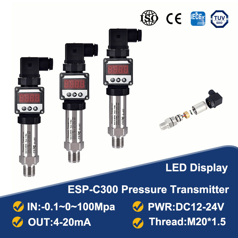 LED Pressure Transmitter Measurment -0.1-0-100Mpa Output 4-20mA Water Tank Oil Gas Sensor M20*1. ...