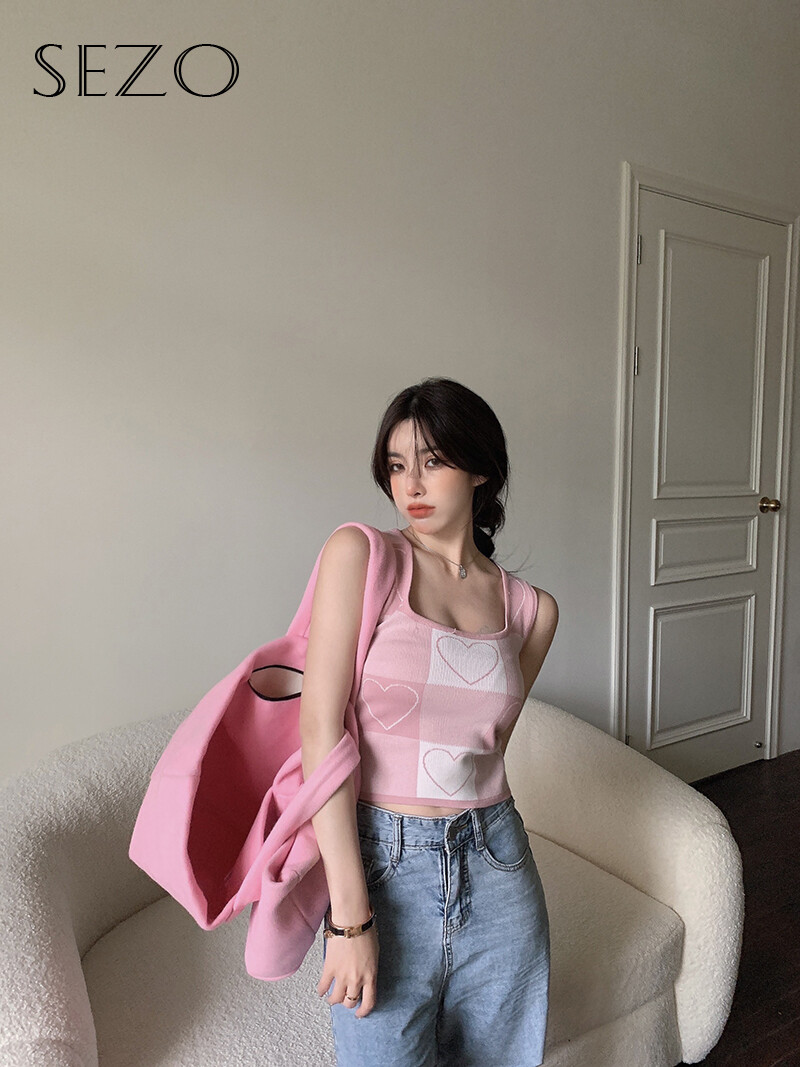 SEZO เสื้อชั้นในสตรีแบบสั้นถักลายบล็อกสี,สไตล์เกาหลีสำหรับผู้หญิง ...
