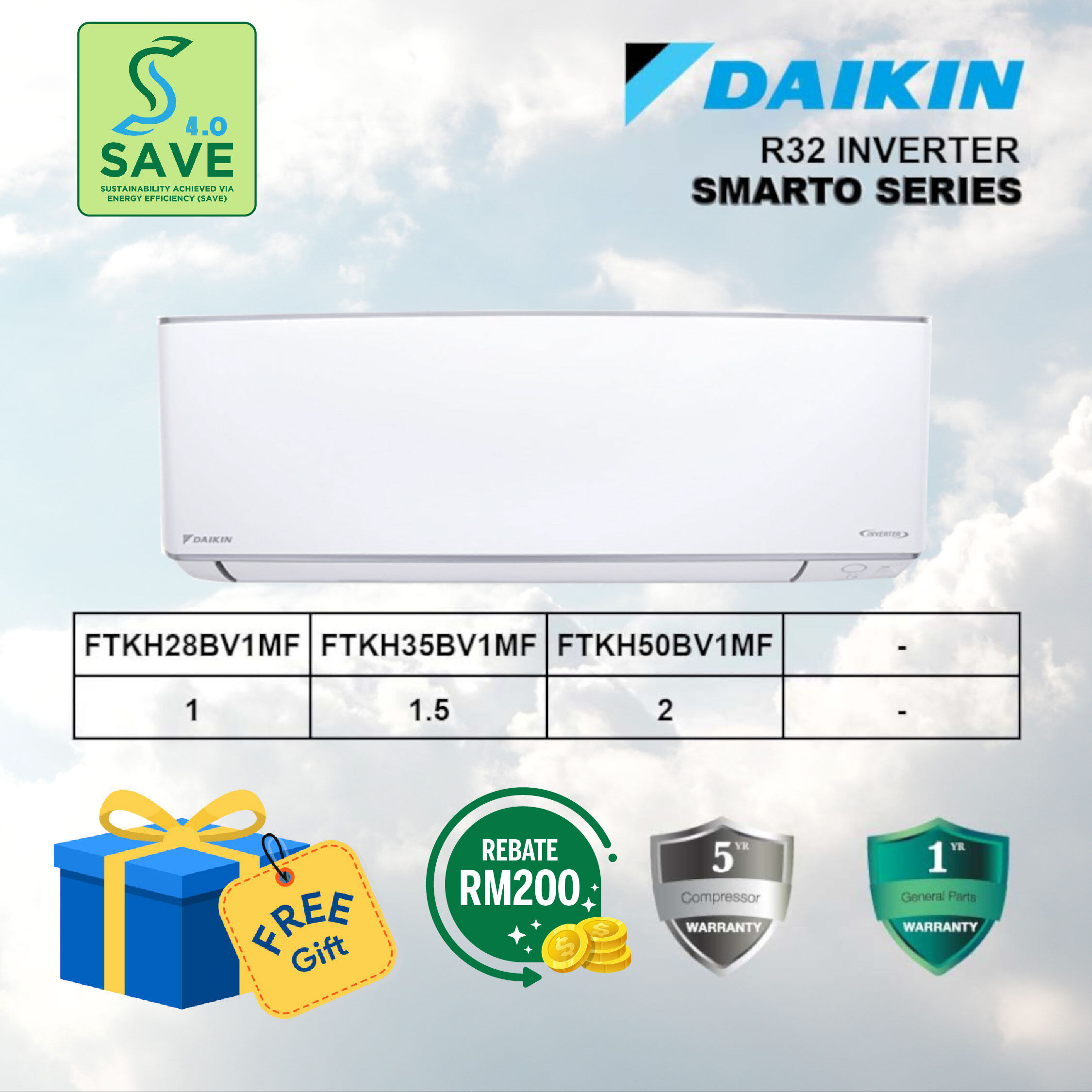 [save 4 0] Daikin Smarto Preimium Inverter Aircond 5 Star R32 Air