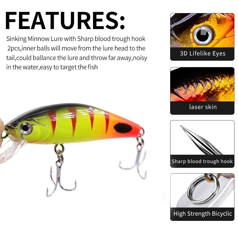 Fishing Lure Minnow 6.7g5.5cm Slow Sinking Water Long Throw Lure Hard Bait Minnow 3D Eyes Laser ...