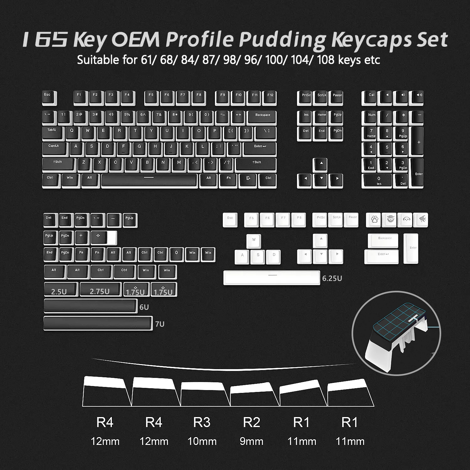 WOMIER 165 Key Blue and Grey Pudding PBT Double Shot Keycaps OEM ...
