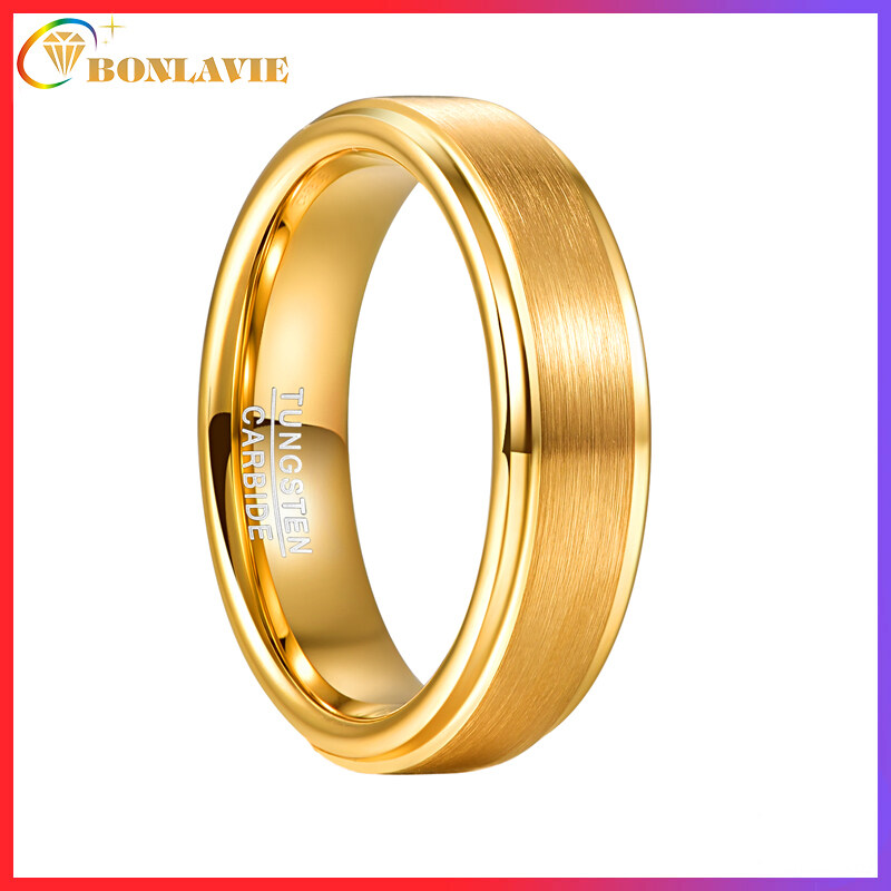 BONLAVIE 6mm Wideth Unisex Tungsten Carbide Ring Gold Finish Brushed ...