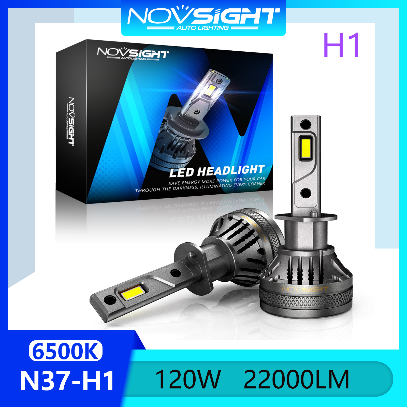 Novsight N37 H1 LED Headlight Bulb Kit 120W 22000LM 6500K Super Bright ...