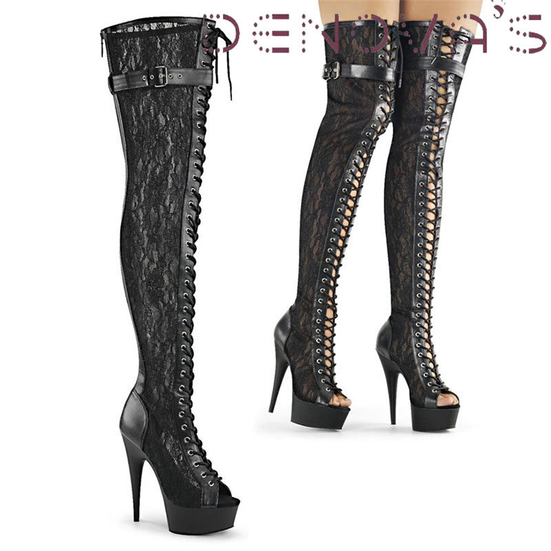 Denova's Women's Very High Heel Plus Size Lace-up Over-the-Knee Pole ...