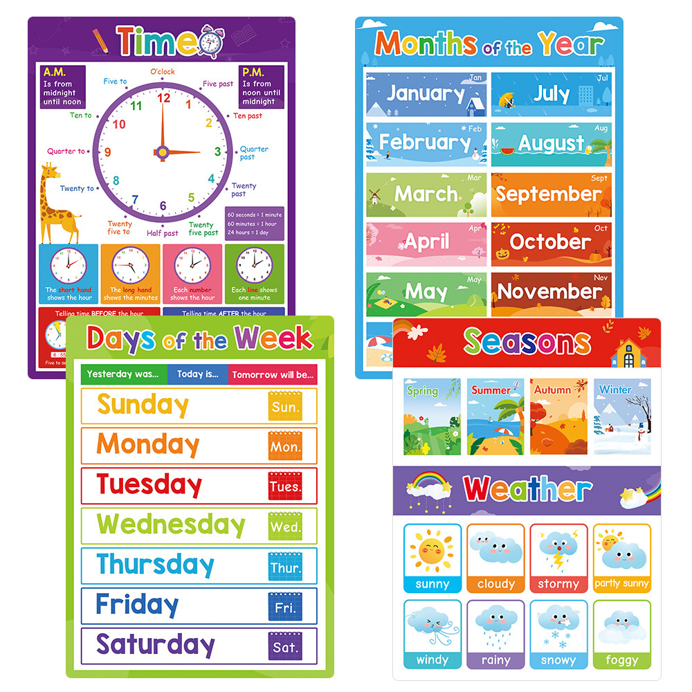 4PCS/set A4 Size English Wall Chart Poster Chidren Learn Week Month ...