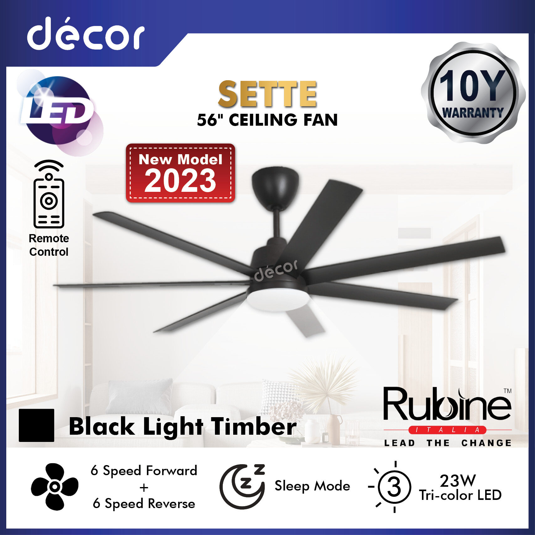 RUBINE Fan RUBINE SETTE 56" 7 Blades DC Motor 6 Speed + Reverse Remote ...