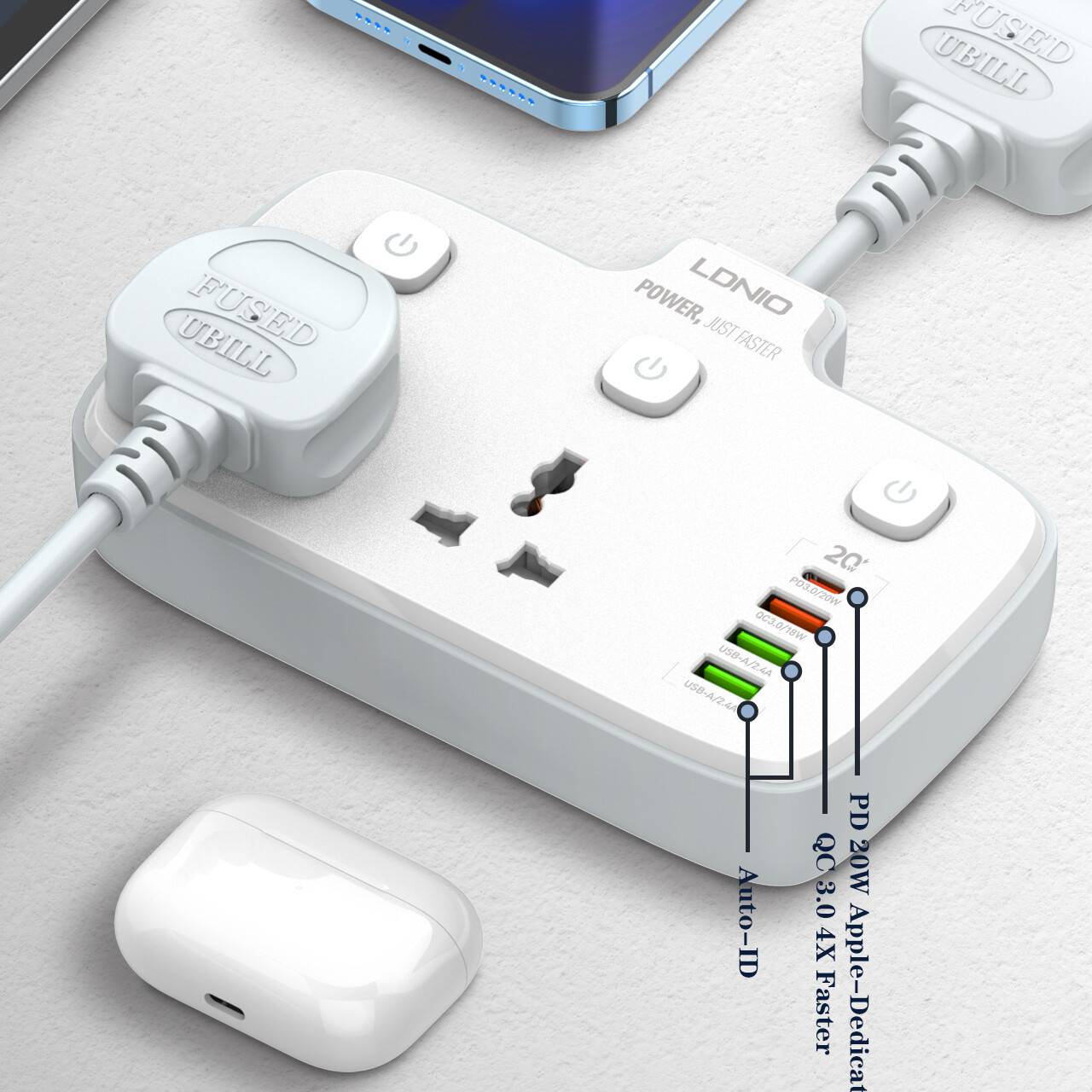 LDNIO 3Port Power Extension Cord With 3 USB Extension Socket Uk/ue/us ...
