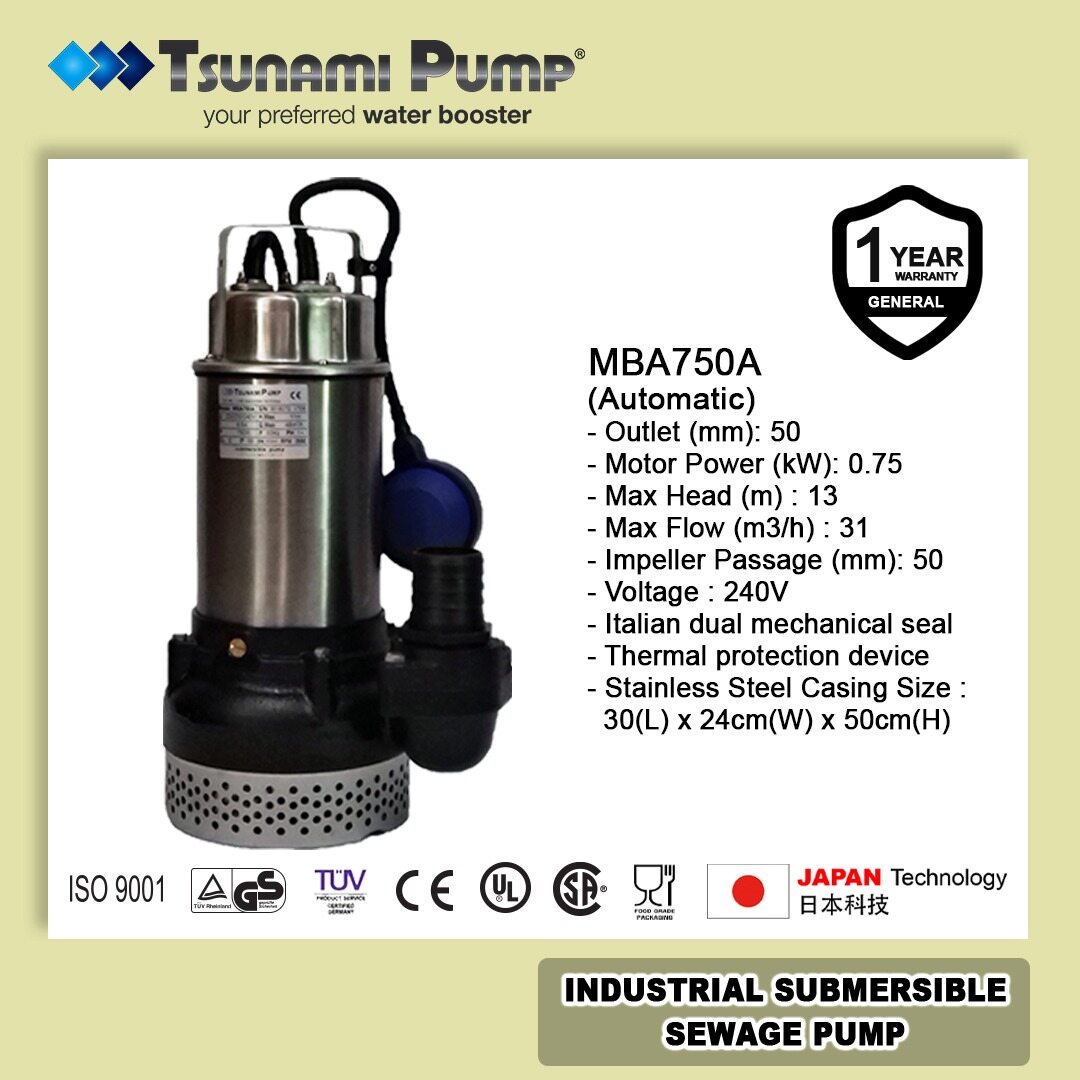 Tsunami MBA SERIES SEWAGE SUBMERSIBLE PUMP MBA370 / MBA370A / MBA750 ...