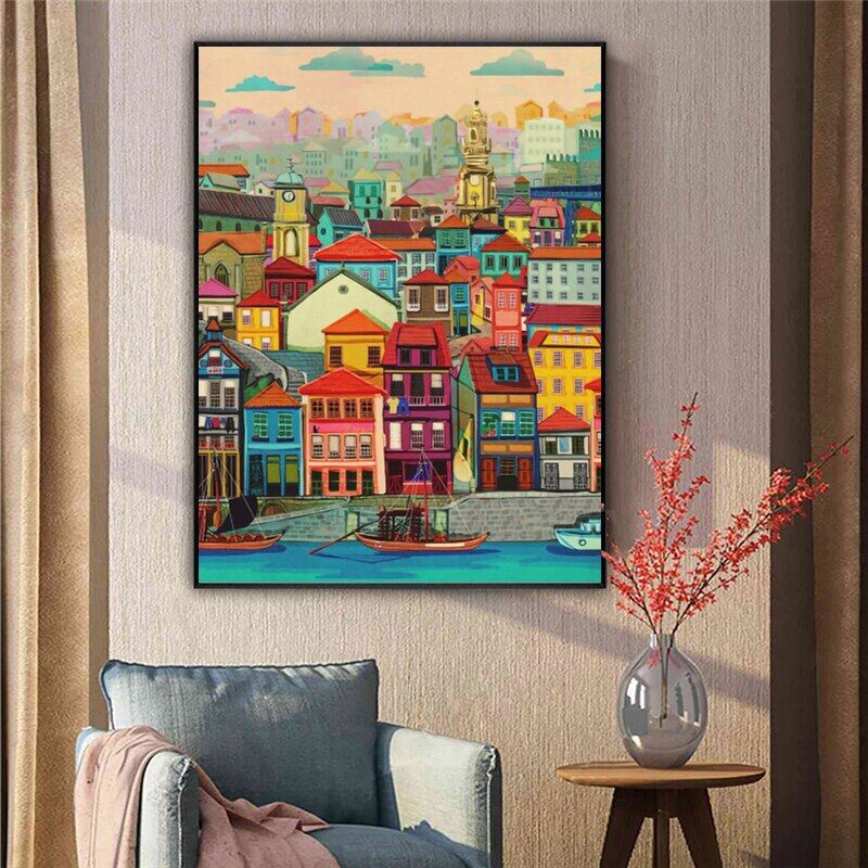 Nordic Art Canvas Print Painting Colorful House on The Waterside Retro ...
