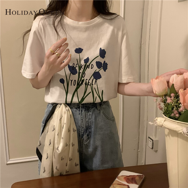 Cuzy เสื้อยืดแขนสั้นทรงหลวม,พิมพ์ลายสีน้ำสไตล์เกาหลีเก๋ไก๋ใหม่ใส่ได้กับ ...