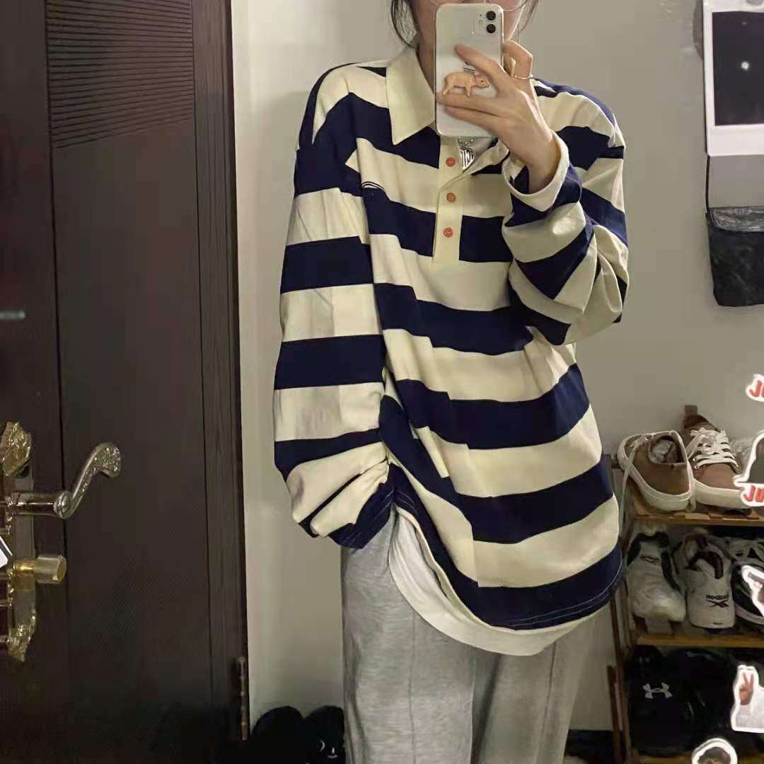COCONI เสื้อโปโลลายทางน่ารักเสื้อผู้หญิงสไตล์เกาหลีใหม่แขนยาวหลวมเสื้อ ...