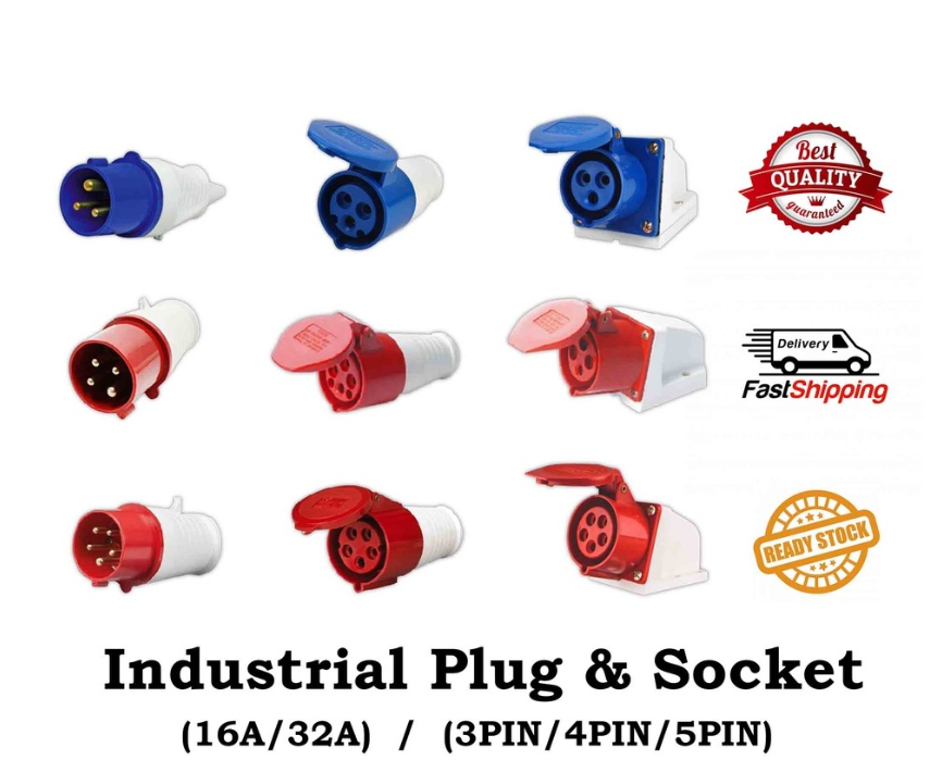 INDUSTRIAL PLUG WALL SOCKET CONNECTOR (16A 32A) 3 PIN 4 PIN 5 PIN BLUE/RED SINGLE PHASE 240V ...