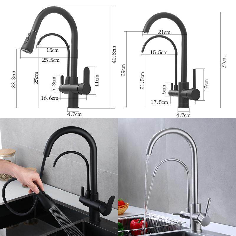 Deck Mounted Black Kitchen Faucets Pull Out Hot Cold Water Filter Tap ...