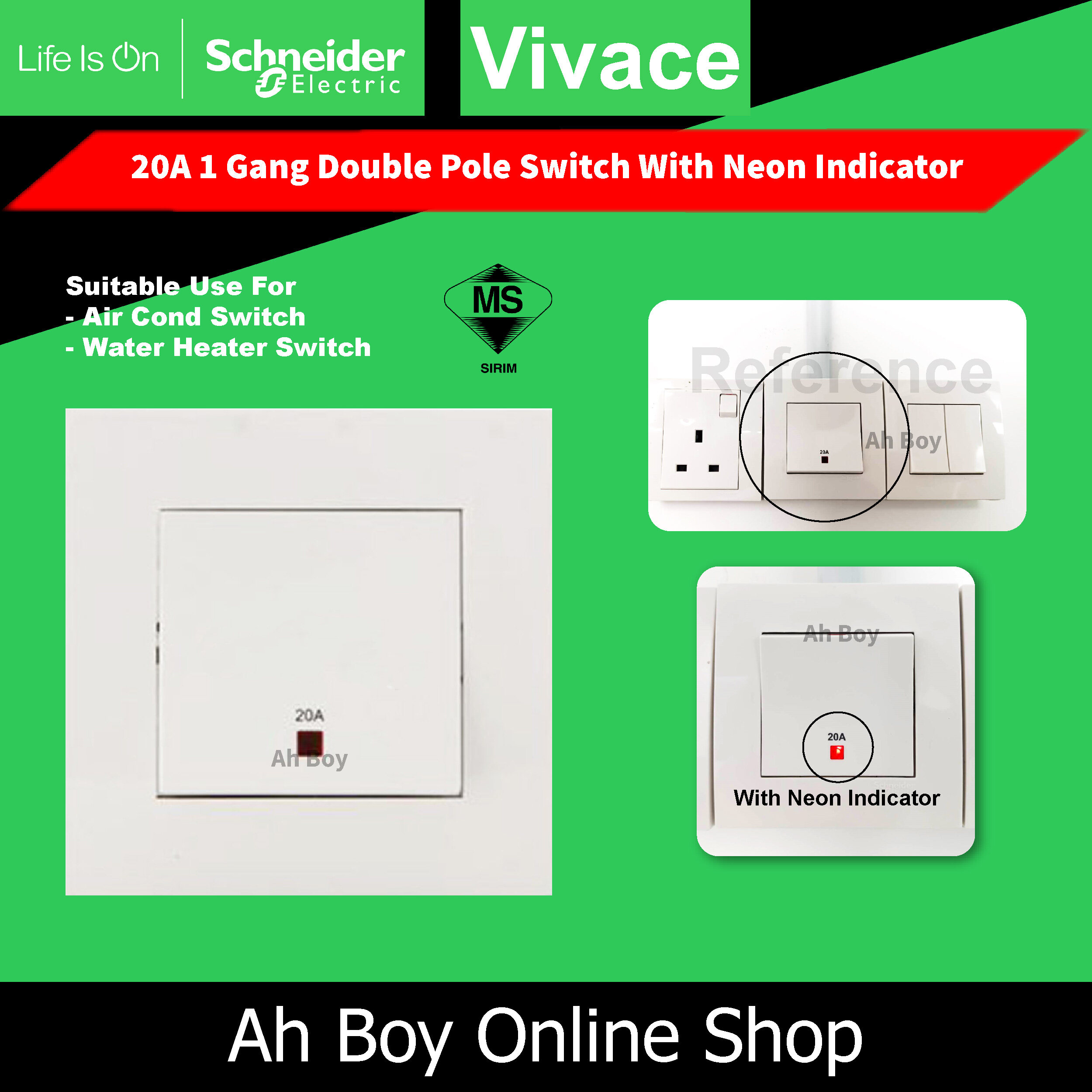 Schneider Vivace White 20A Double Pole Switch 1 Gang 1 Way with Neon ...