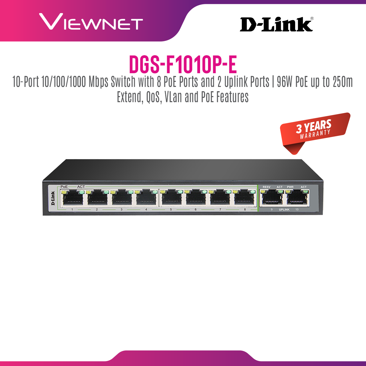 D-Link DGS-F1010P-E 250M 10-Port 1000Mbps Switch with 8 PoE Ports and 2 ...