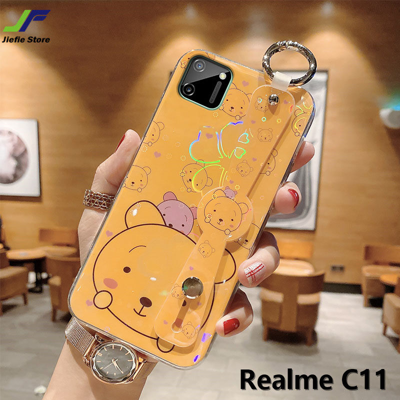 JieFieสำหรับRealme C11น่ารักการ์ตูนหมีPuppyเคสโทรศัพท์เงาดอกไม้สีสัน ...