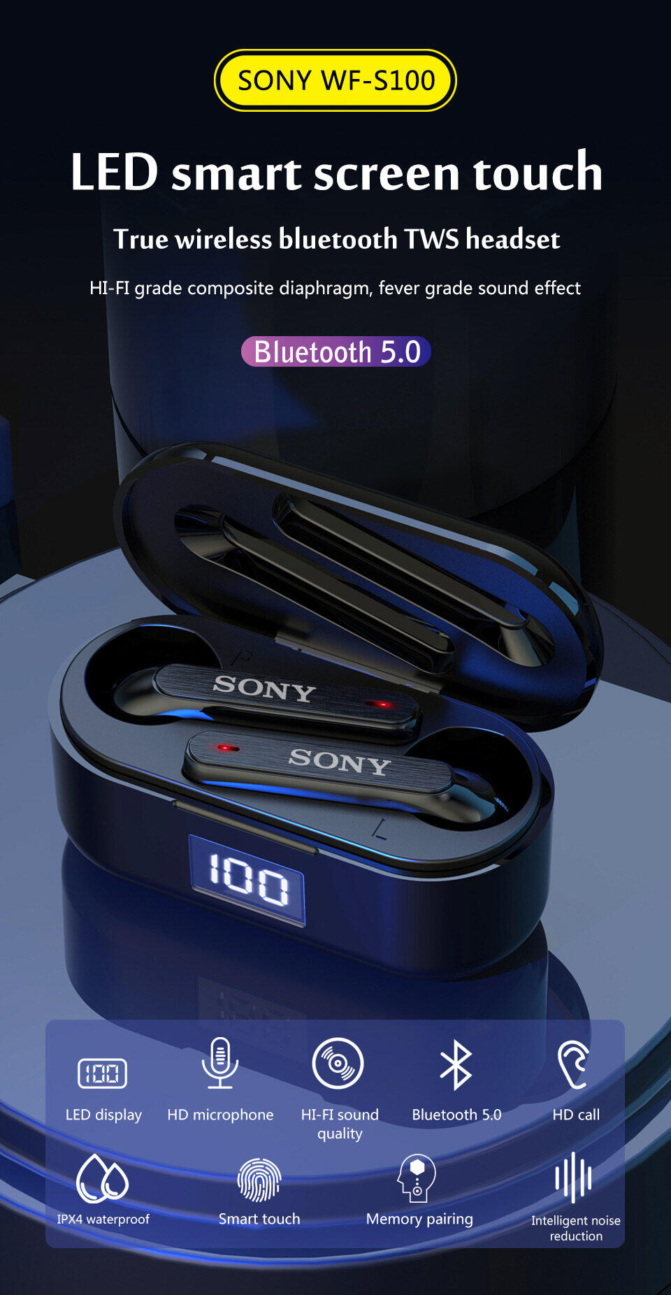 SONY WF-S100ชุดหูฟังไร้สายบลูทูธ V5.0,หูฟังอินเอียร์พร้อมกล่องชาร์จไม่ ...