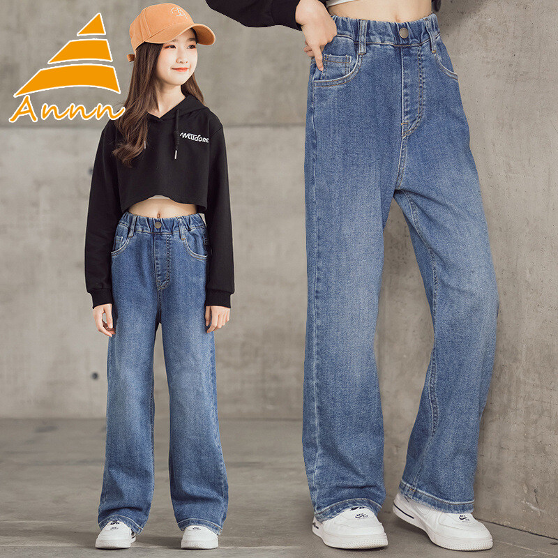 Annn Store Girlsdenim กางเกงขากว้าง Simple Outer Wear กางเกงหลวม Denim ...