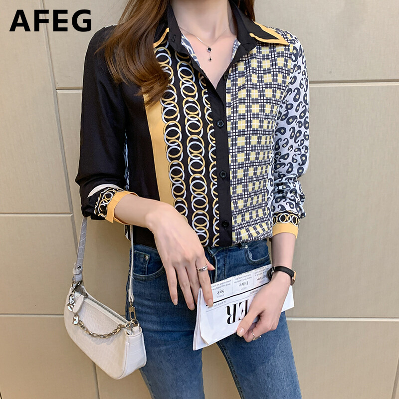AFEG เสื้อผู้หญิงแขนยาวสไตล์เกาหลี,เสื้อเบลาส์พิมพ์ลายผ้าไหมแนวย้อนยุค ...
