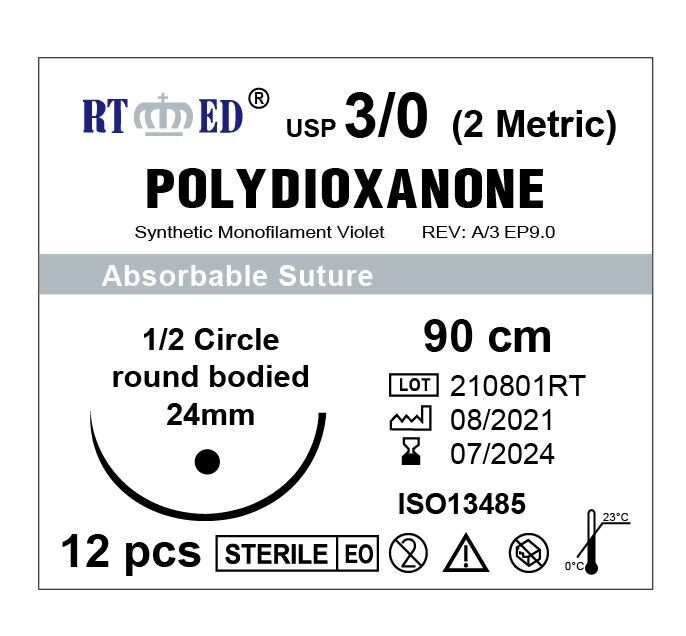 ดูดซับสัตวแพทย์ Suture PDO 3/0 2เมตริก Polydioxanone พร้อมเข็ม1/2วงกลมรอบเนื้อนิ่ม24มม. 90ซม. 12 ...