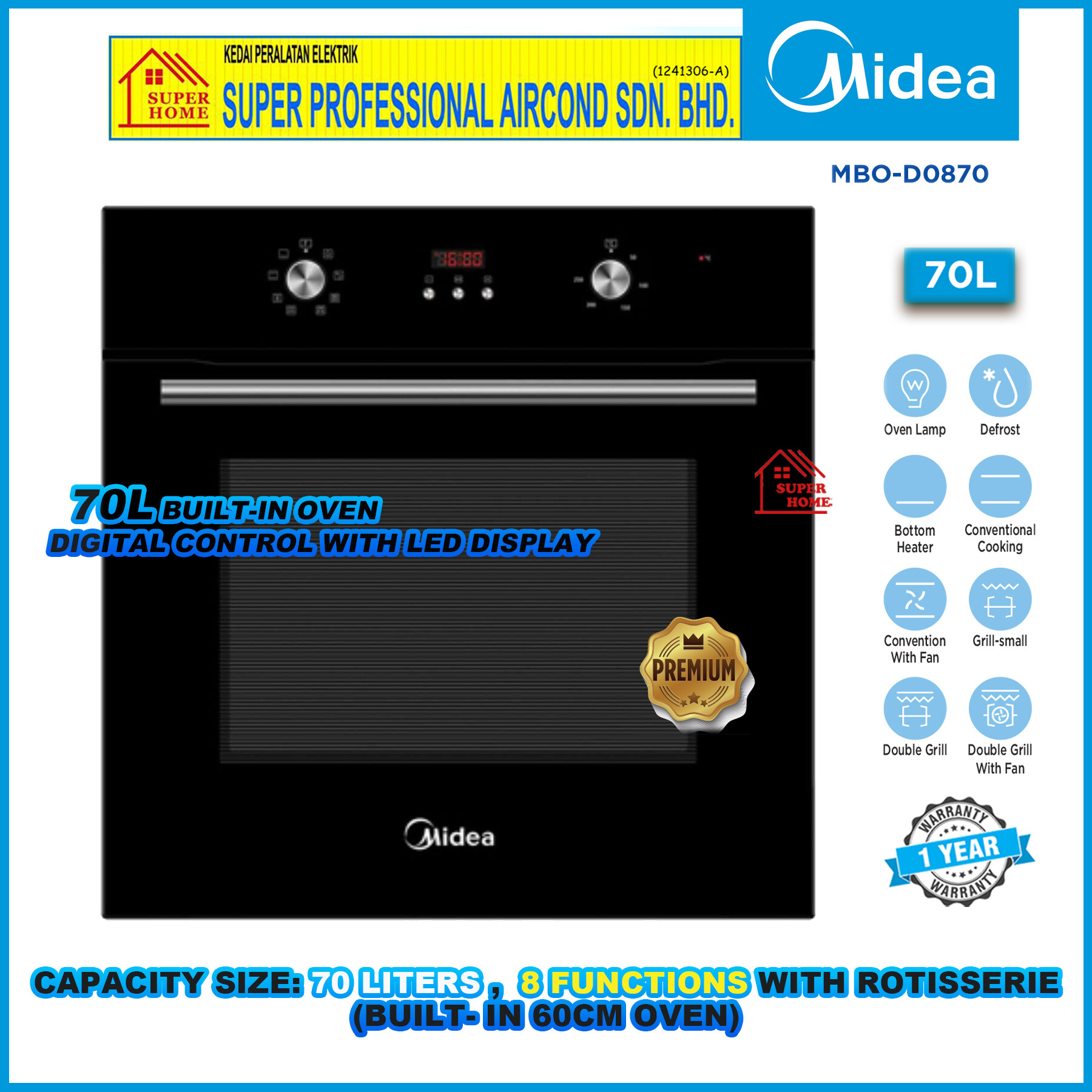 Midea Build-in Oven 70L Build-in Oven Digital Control with 8 Functions ...