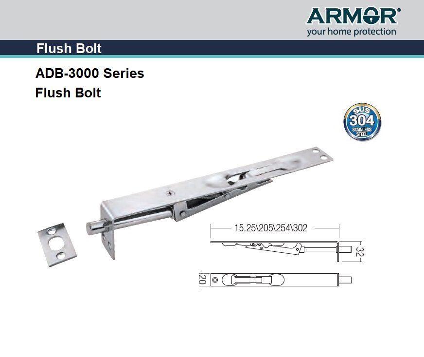 Armor ADB-3000 Stainless Steel SUS304 Door Flush Bolt Lever Style | Lazada