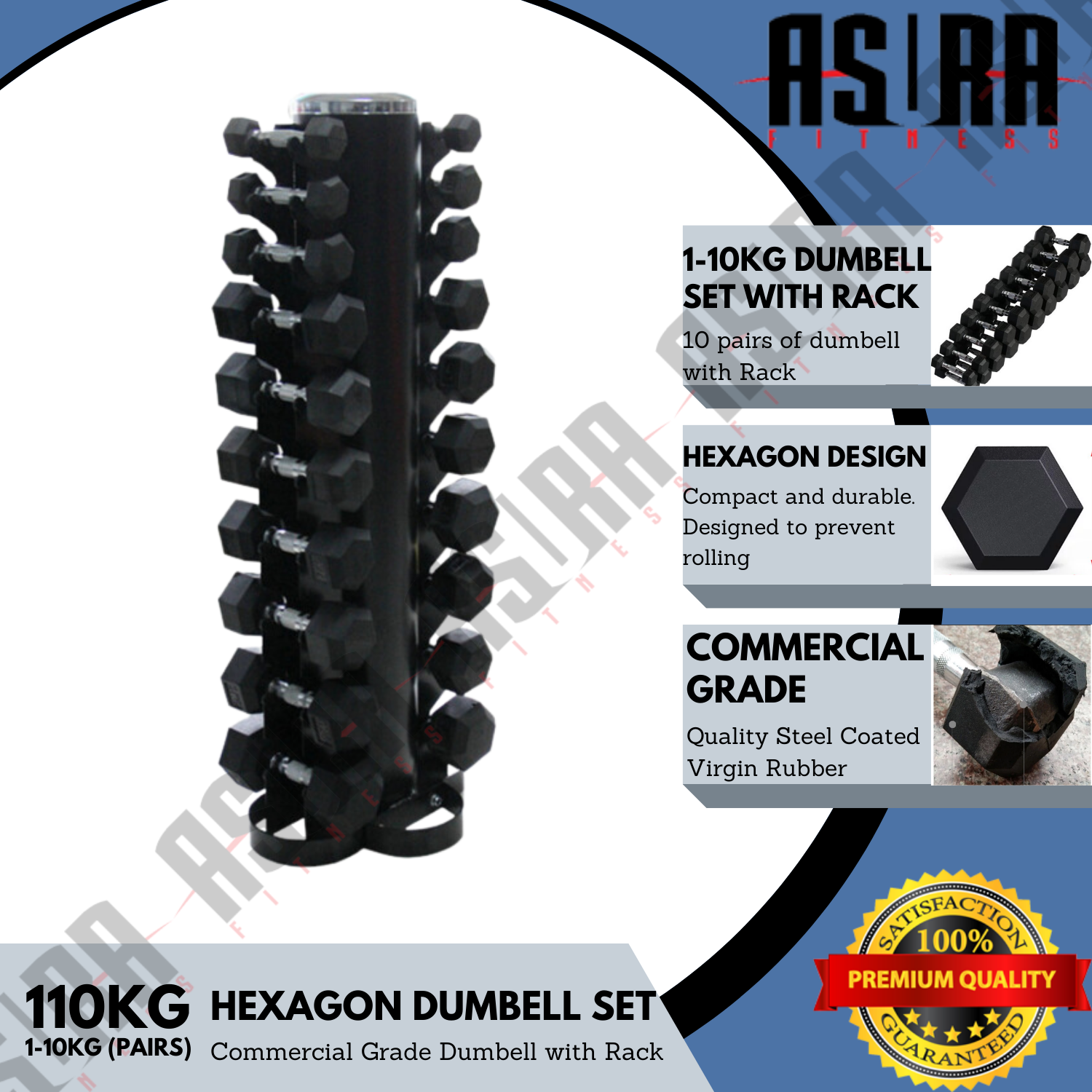 ASURA Fitness 1KG to 10kg Premium Rubber Coated Hexagon Dumbbell with ...