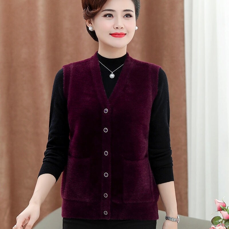 ชุด Qiu Dong แม่หญิงวัยกลางคนและเก่าเลียนแบบขนมิงค์เสื้อคาร์ดิแกนถัก ...