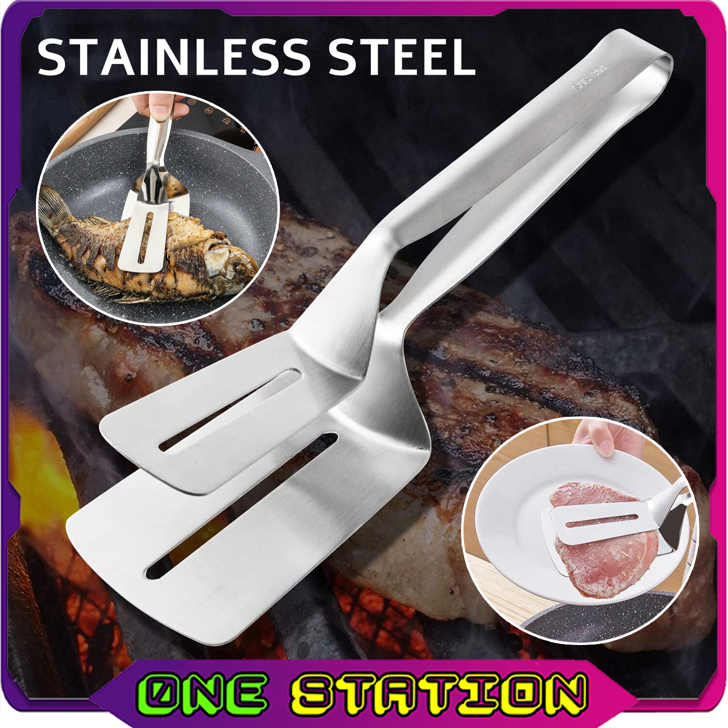 Stainless Steel BBQ Clip Double Sided Spatula Tong Food Flipping ...